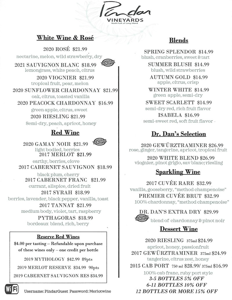 Pindar Vineyards - Wine Menu